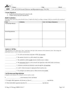 Fillable Online HW Ch. 10.1 Cell Growth, Division, and Reproduction (pg. 274 ... Fax Email Print ...