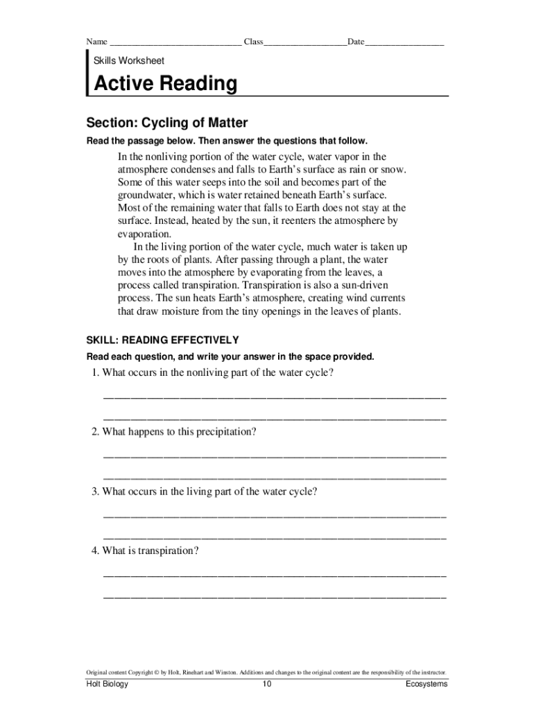 Fillable Online water cycle active reading worksheet - Name Class Date Fax Email Print - pdfFiller