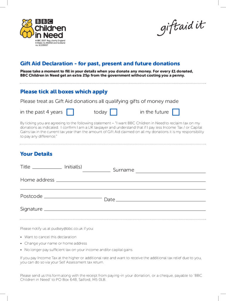 Fillable Online Gift Aid Declaration - for past, present and future donations ... Fax Email ...