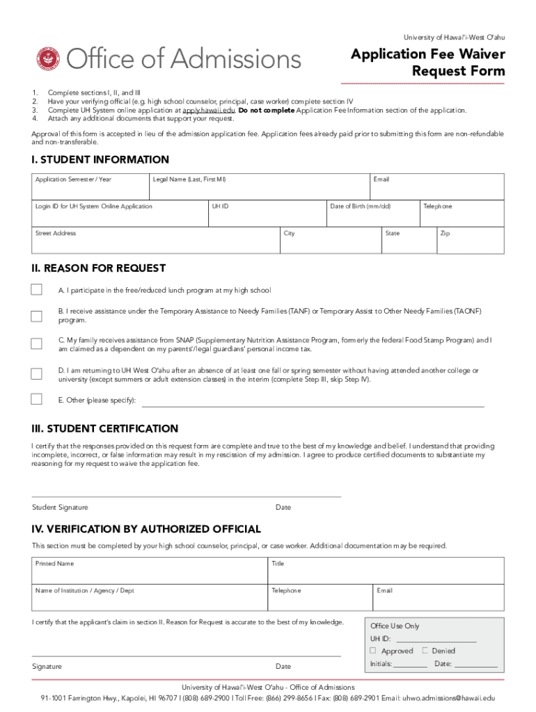 Fillable Online westoahu hawaii UH West Oahu Application Fee Waiver ...