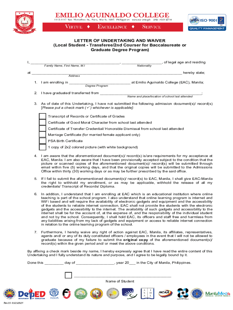 Fillable Online eac edu First YEAR-Undertaking-and-Waiver-Local-Student ...