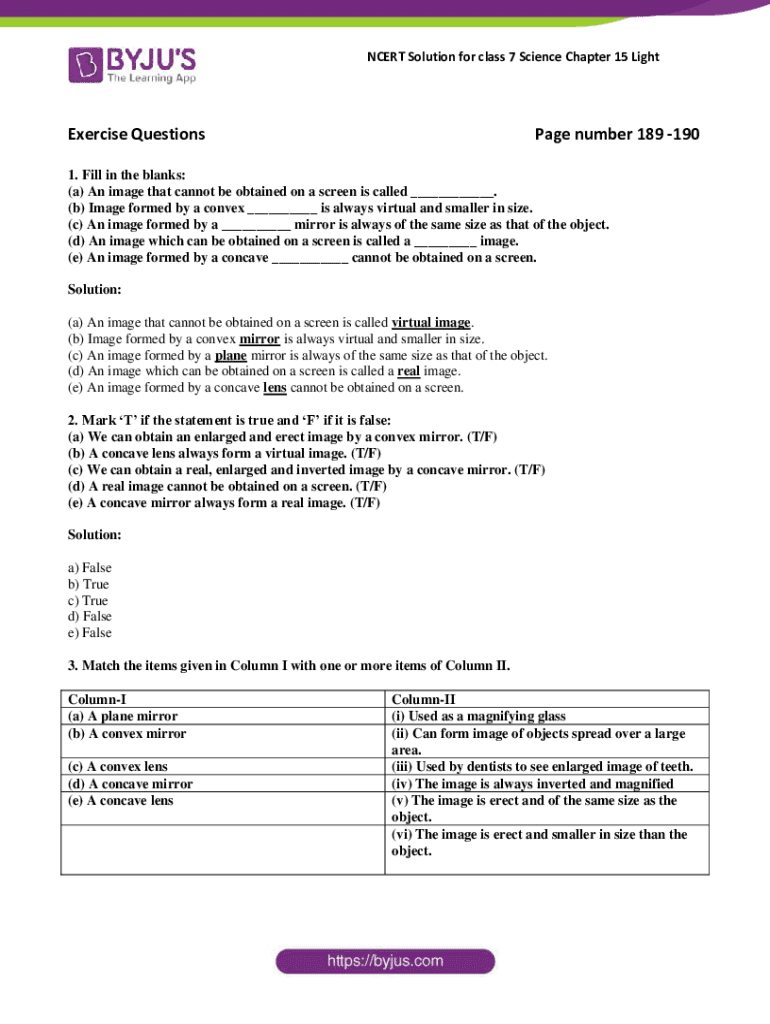 Fillable Online NCERT Solutions for Class 7 Science Chapter 15 Light. NCERT Solutions for Class ...