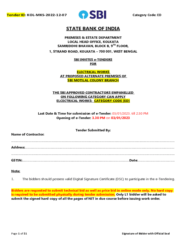 Fillable Online NIT, ELECTRICAL WORKS , SHIFTING of SBI MOTILAL COLONY BRANCH .doc Fax Email ...