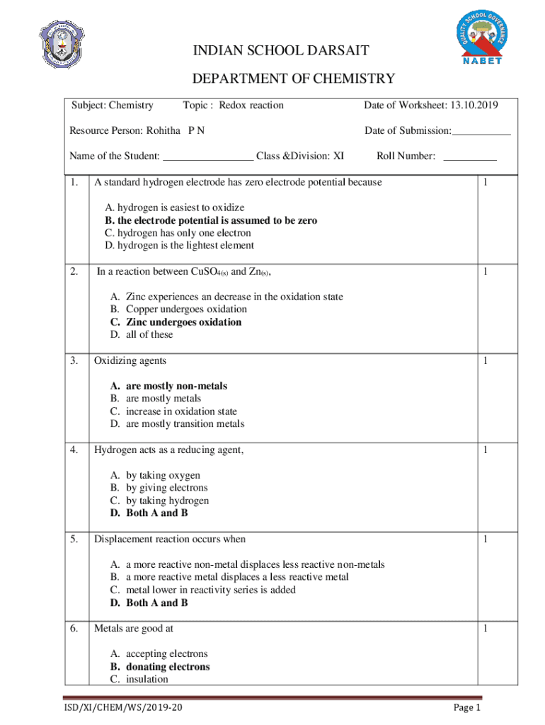 Fillable Online Topic : Redox reaction Fax Email Print - pdfFiller