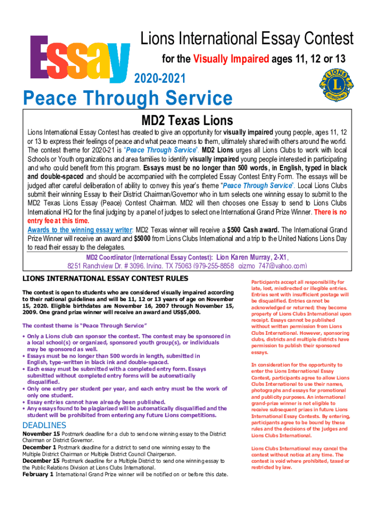 Fillable Online Peace Through Service - LIONS DISTRICT 2E2 Fax Email ...