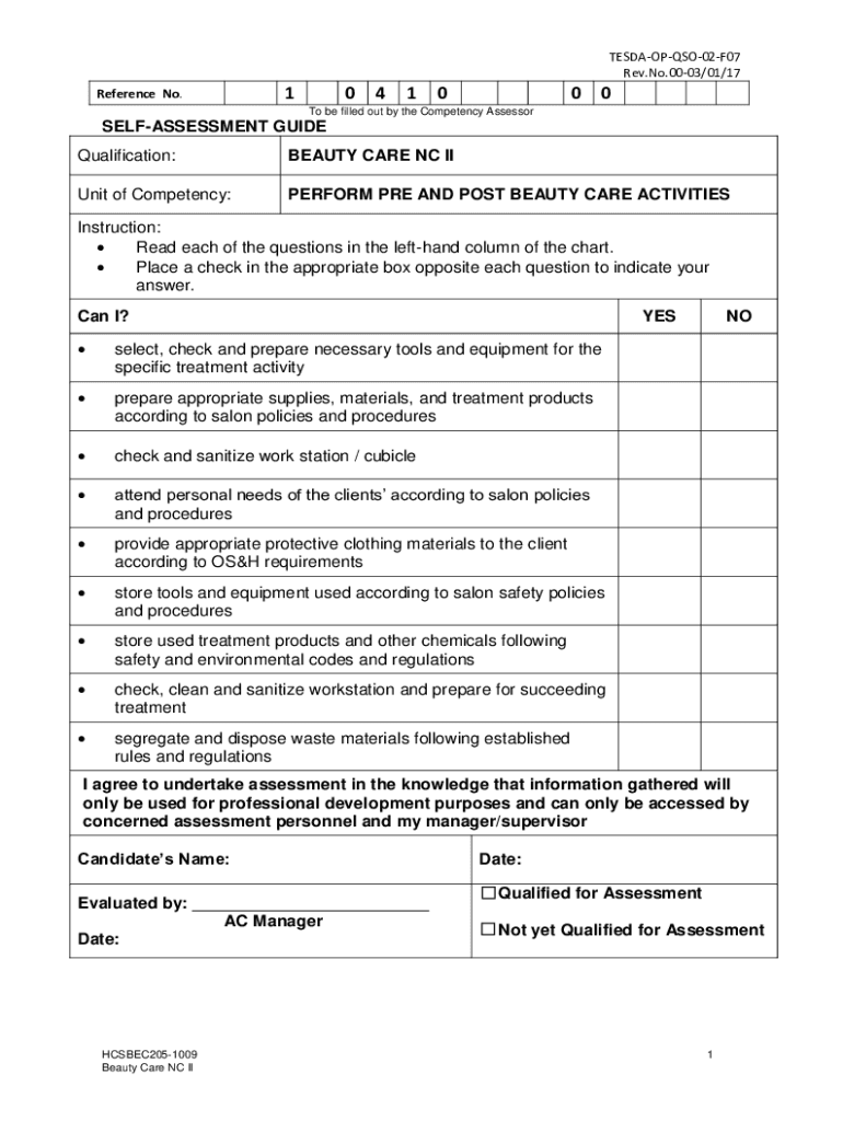 Fillable Online BEAUTY CARE SERVICES (NAIL CARE) NC II - Tesda Fax ...