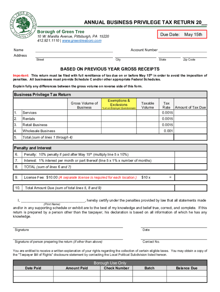 Fillable Online ANNUAL BUSINESS PRIVILEGE TAX RETURN 20 Fax Email Print ...