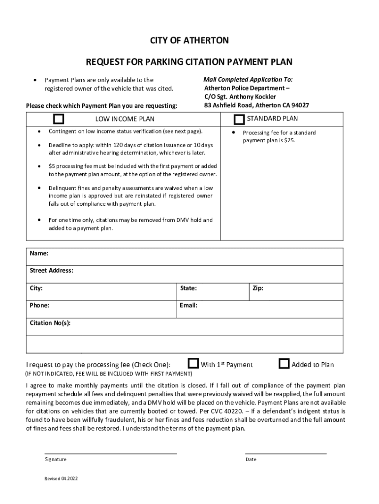Fillable Online CITY OF ATHERTON REQUEST FOR PARKING CITATION ... Fax Email Print - pdfFiller