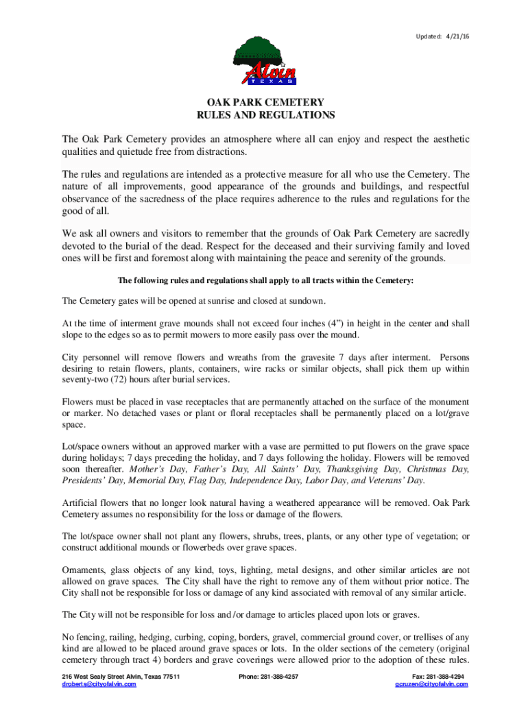 Fillable Online OAK PARK CEMETERY RULES AND REGULATIONS The ... Fax ...