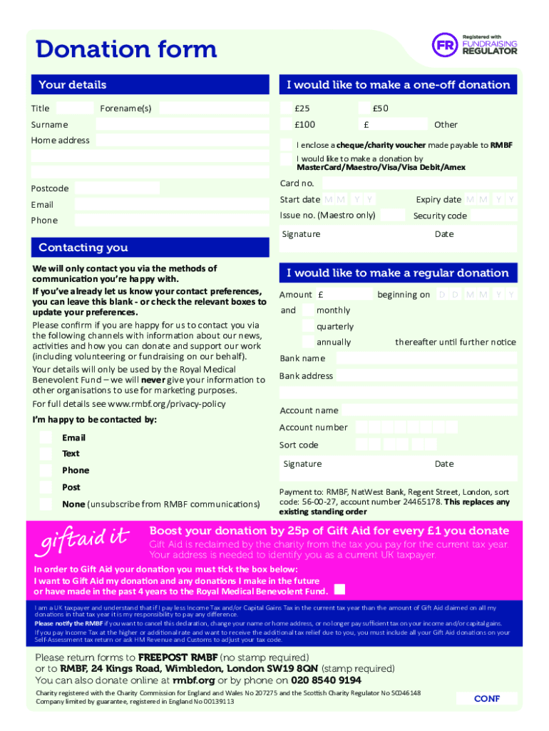 Fillable Online I enclose a cheque/charity voucher made payable to RMBF ...