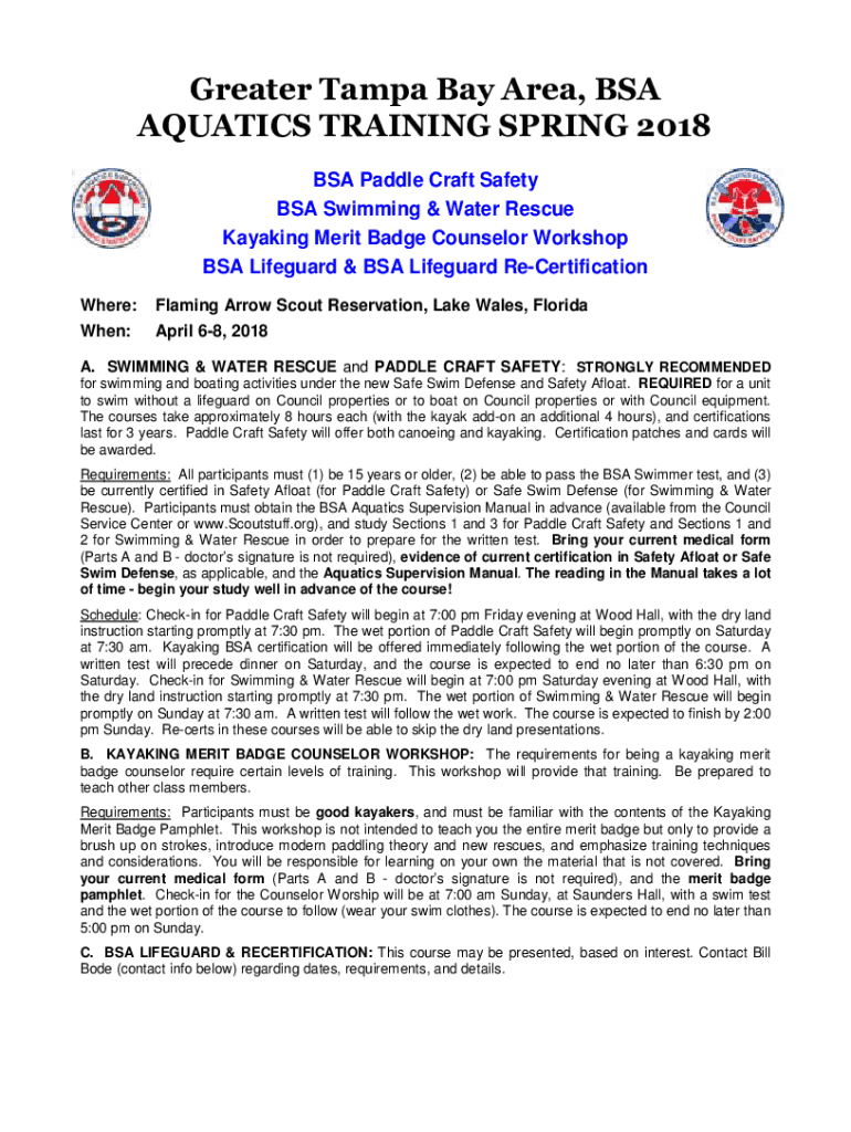 Fillable Online Greater Tampa Bay Area, BSA AQUATICS TRAINING SPRING ...