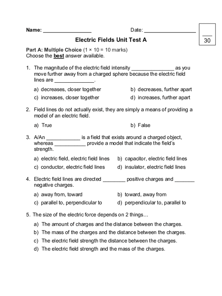 Fillable Online SPH4U Sample Test - Electric & Magnetic Fields Fax ...