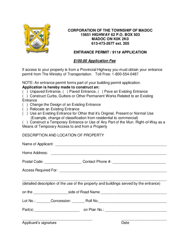 Fillable Online ENTRANCE PERMIT / 911# APPLICATION - Madoc Township Fax ...