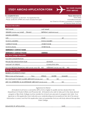 Fillable Online STUDY ABROAD APPLICATION FORM - Bay State College Fax ...