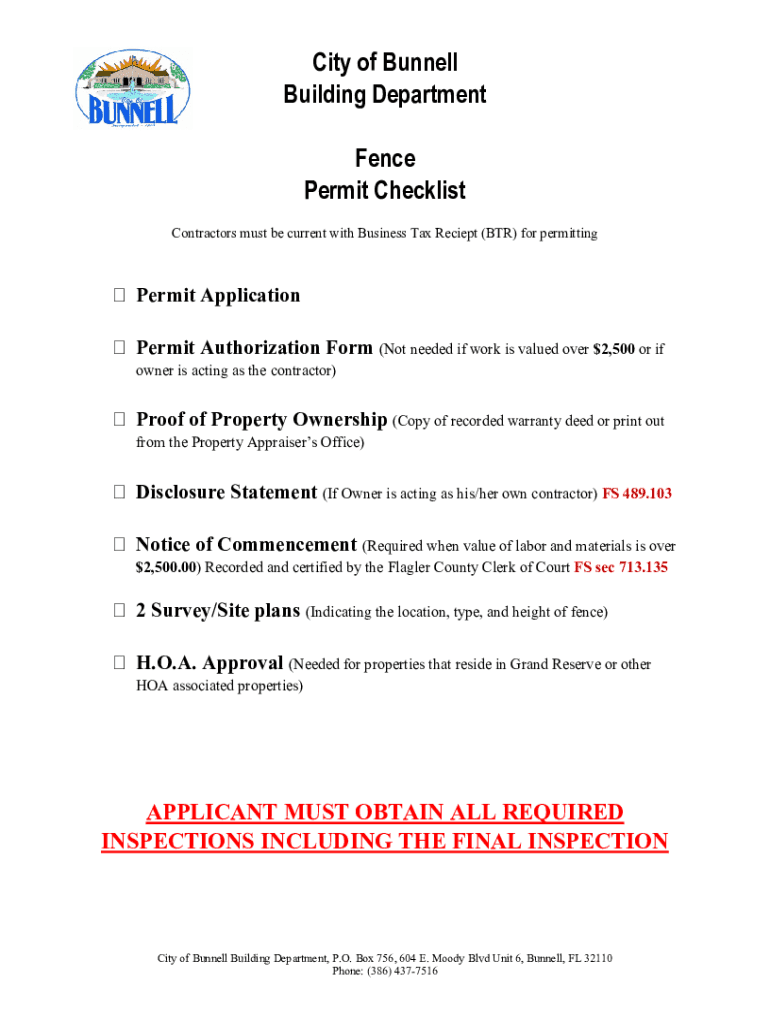Fillable Online City of Bunnell Building Department Fence Permit ...