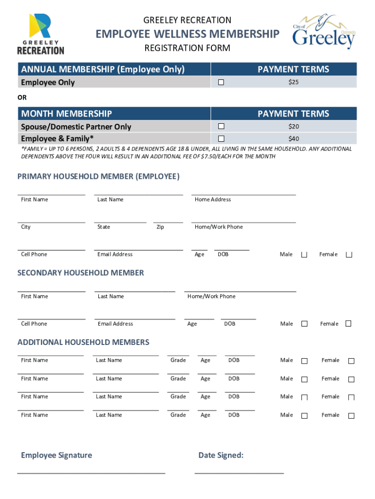Fillable Online EMPLOYEE WELLNESS MEMBERSHIP - City of Greeley Fax ...