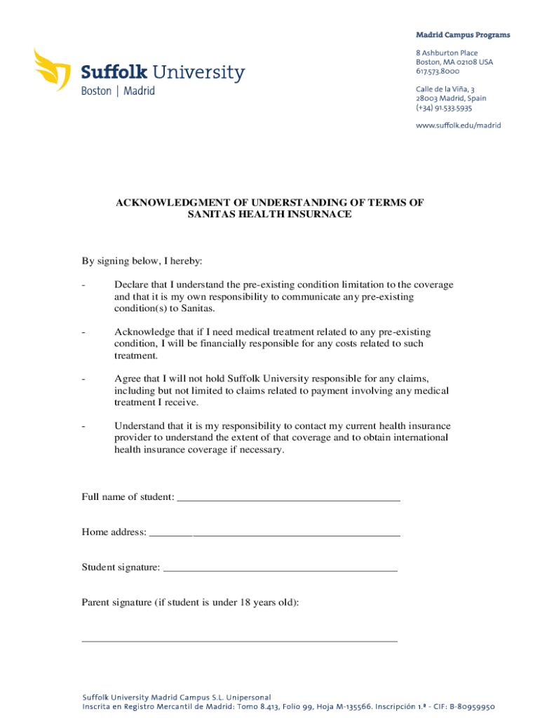 Fillable Online ACKNOWLEDGMENT OF UNDERSTANDING OF TERMS OF ... Fax ...