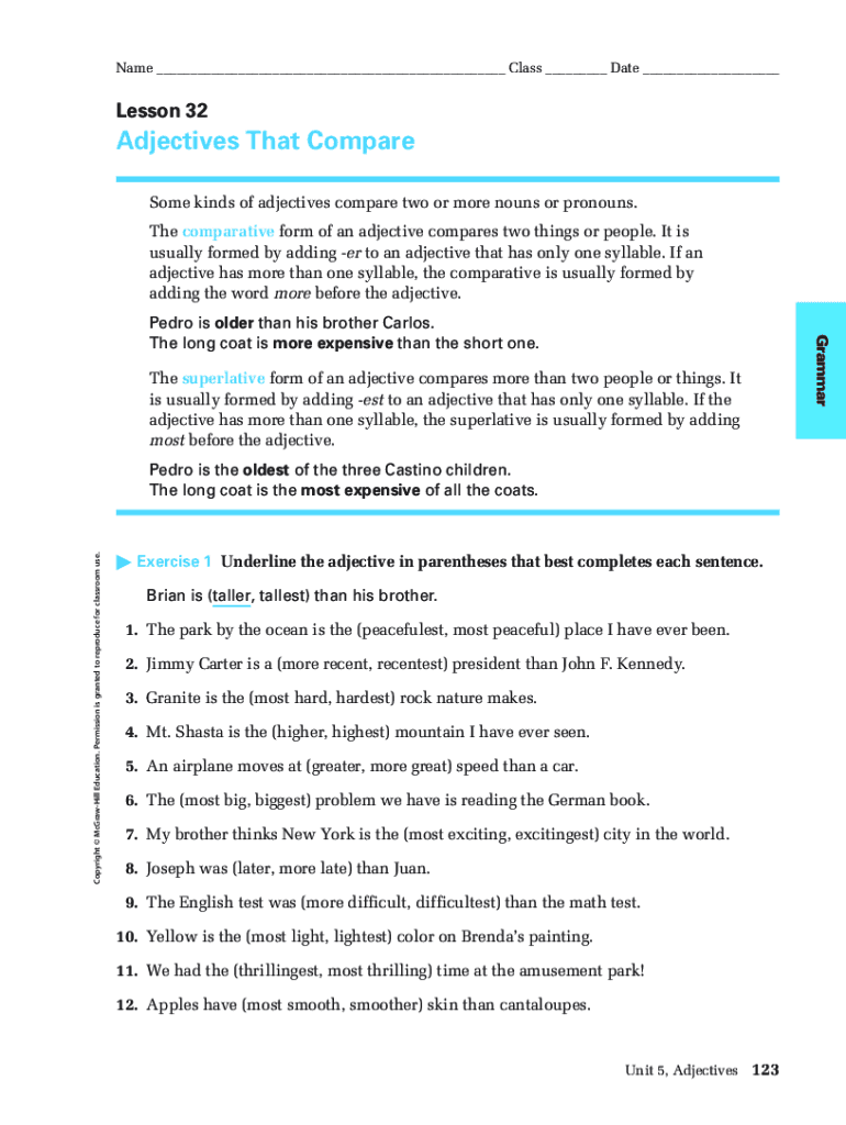 Fillable Online Some kinds of adjectives compare two or more nouns or ...