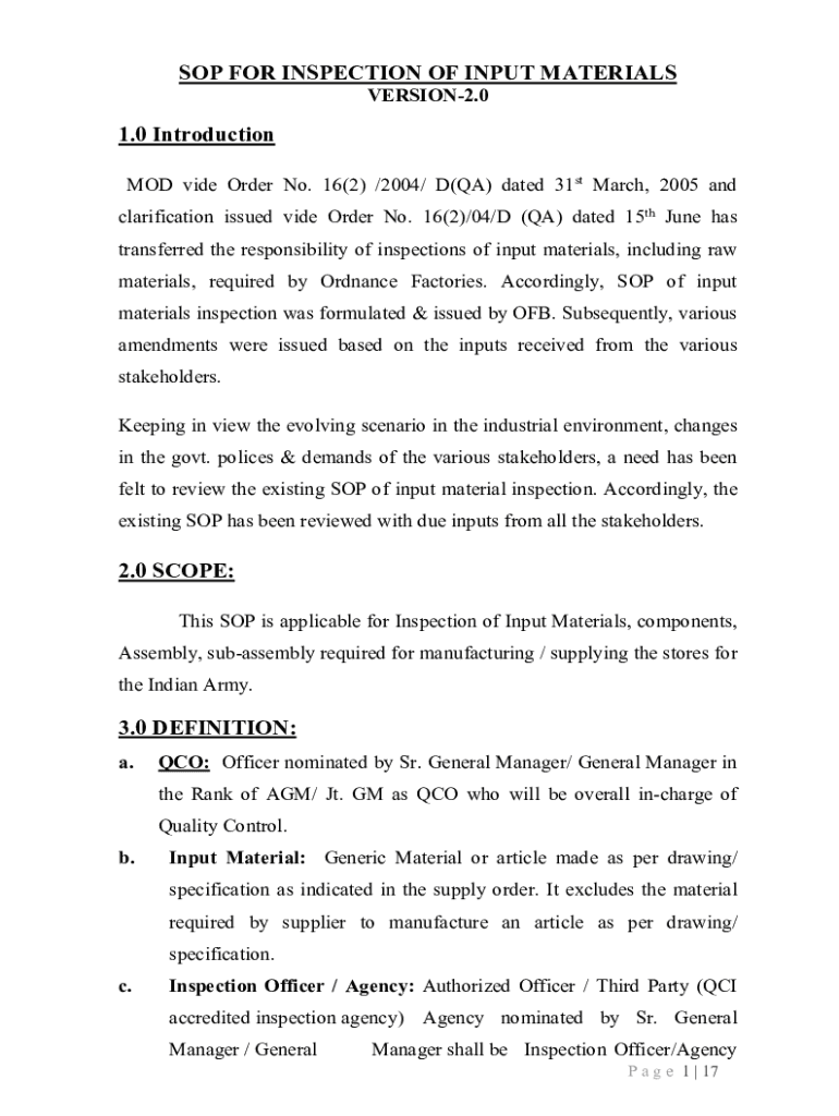 Fillable Online sop for inspection of input materials - Indian Ordnance ...
