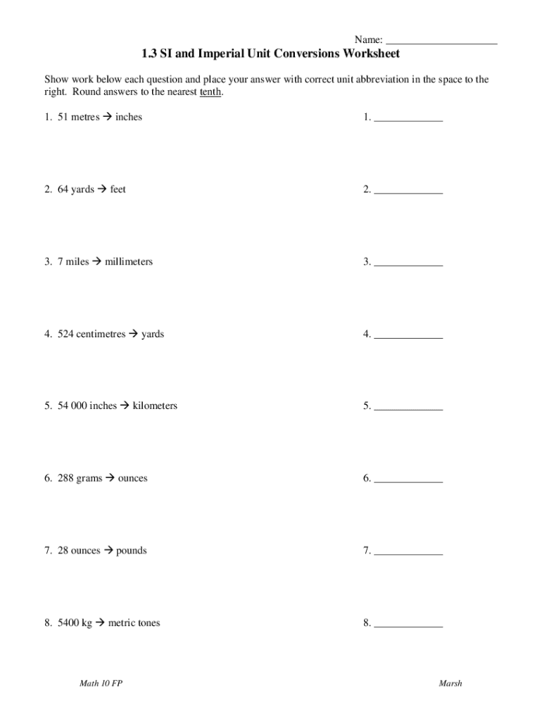 Fillable Online 1.3 SI and Imperial Unit Conversions Worksheet Fax ...