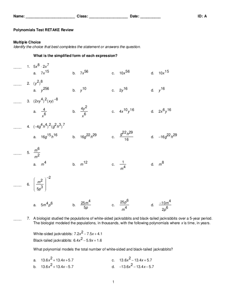 Fillable Online Review for Grade 9 Math Exam on Unit 5 - Polynomials ...