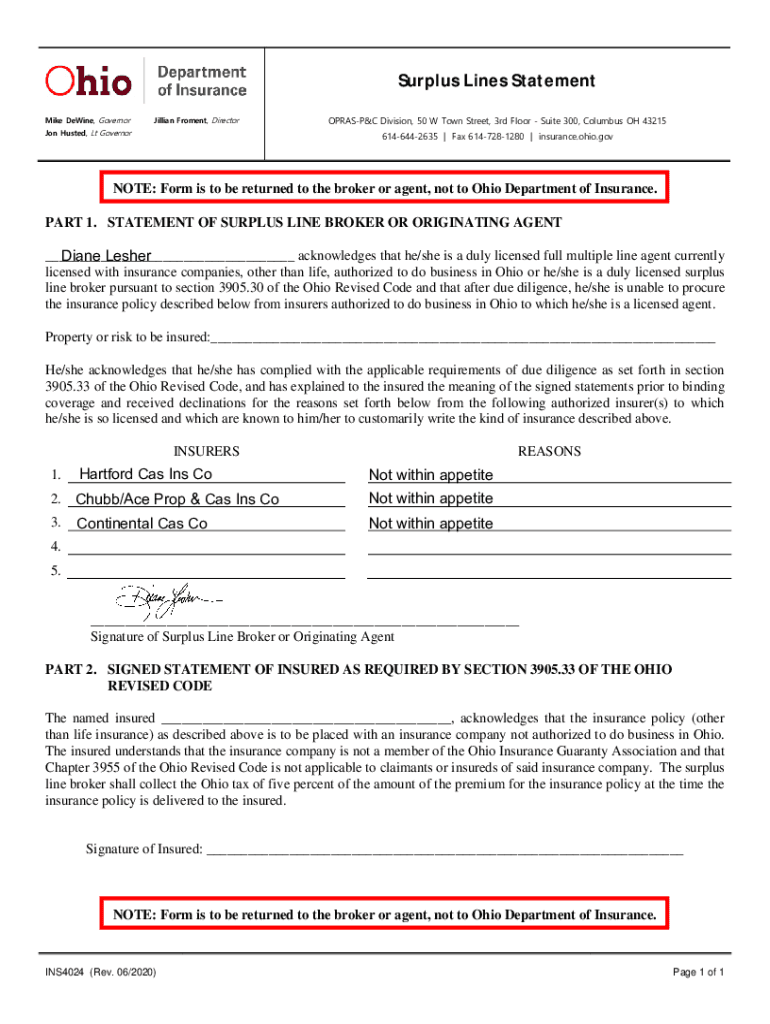 Fillable Online Surplus Lines Statement - Quaker Special Risk Fax Email ...