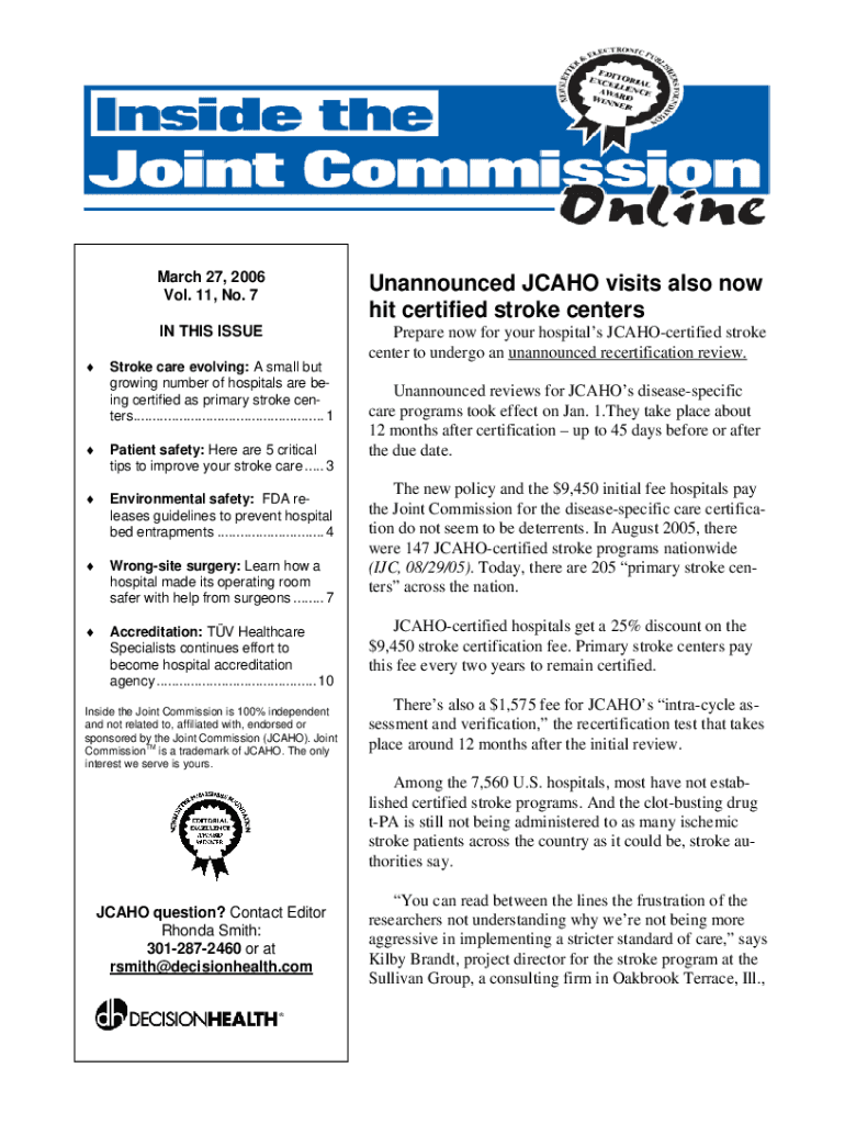 Fillable Online Unannounced JCAHO visits also now hit certified stroke ...