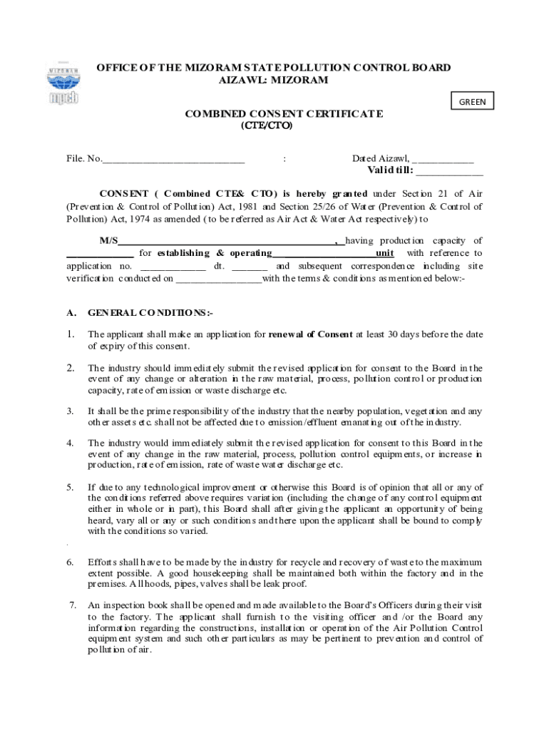 Fillable Online MIZORAM COMBINED CONSENT CERTIFICATE Valid till Fax ...