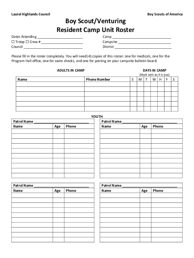 Fillable Online Boy Scout/Venturing Resident Camp Unit Roster Fax Email ...
