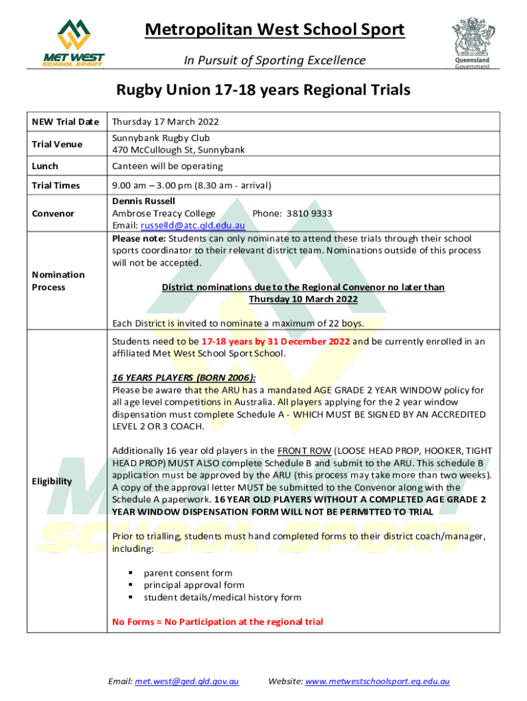 Fillable Online metwestschoolsport eq edu Rugby Union and Rugby 7's ...