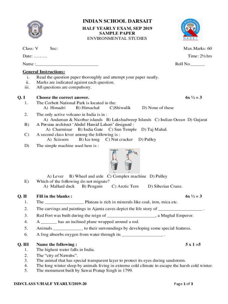 Fillable Online KVS Class 4 EVS Half Yearly Exam Sample Question Paper ... Fax Email Print ...