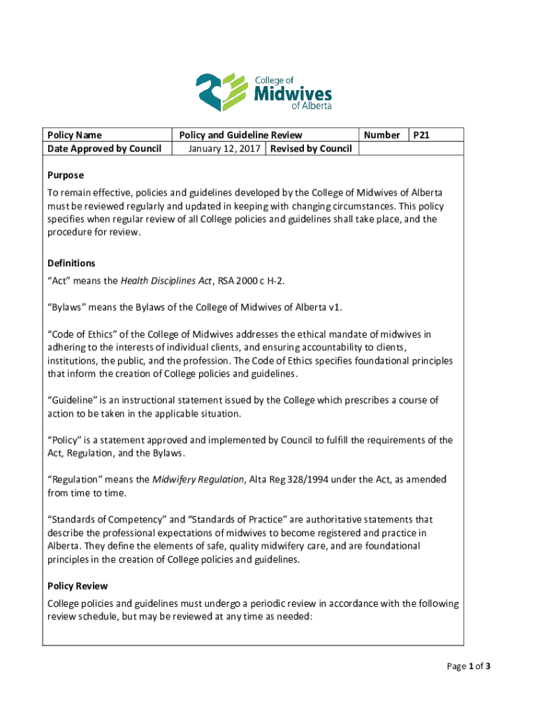 Fillable Online Policy Review Schedule - College of Midwives of Ontario ...
