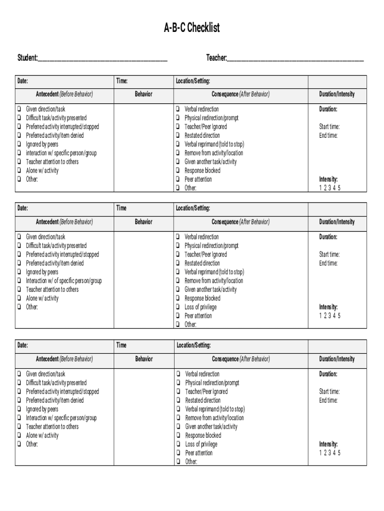 Fillable Online ABC's of Behavior (Antecedent-Behavior-Consequence) Fax ...