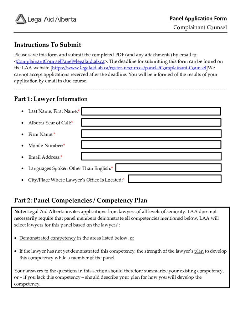 Fillable Online Panel Application Form - Legal Aid Alberta Fax Email ...