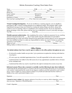 Fillable Online Holistic Restoration Coaching Client Intake Form Fax ...