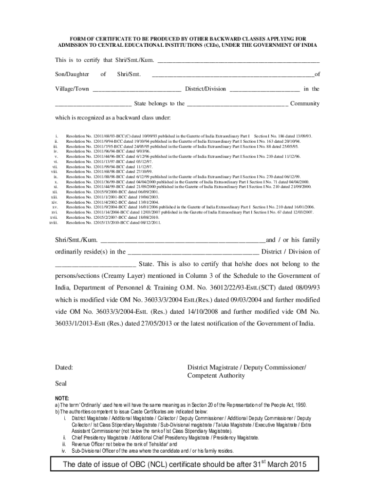 Fillable Online XVI Certificate to be produced by Other Backward ...