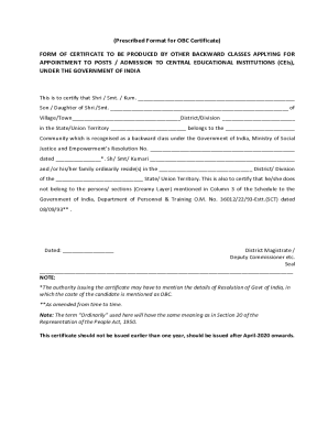 Fillable Online Fillable Online Prescribed Format for OBC Certificate ...