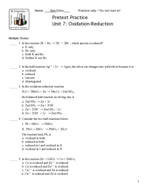 Fillable Online Practice Test Unit 7: Oxidation and Reduction Fax Email ...