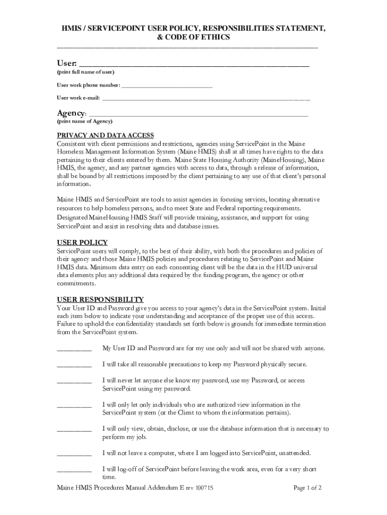 Fillable Online hmis-servicepoint-user-policy-responsibilities-statement-and ... Fax Email Print ...
