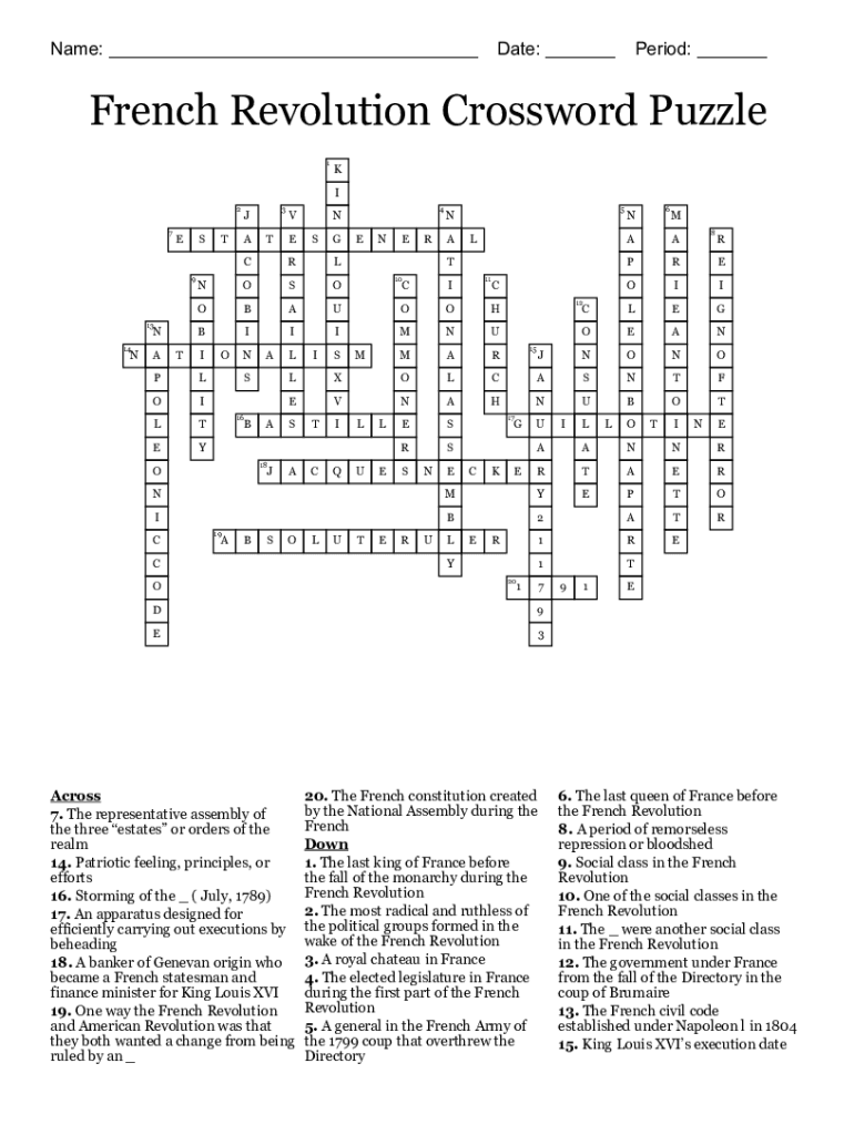 Fillable Online French Revolution Crossword Puzzles - Student Handouts ...