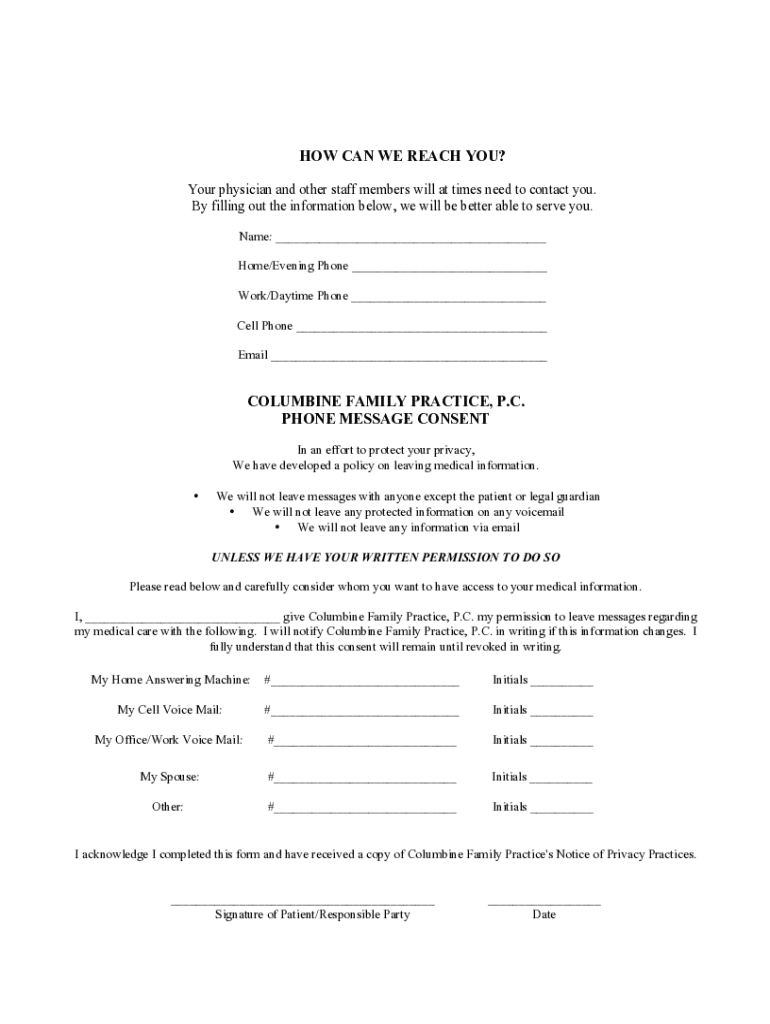Fillable Online HOW CAN WE REACH YOU? COLUMBINE FAMILY PRACTICE ... Fax ...