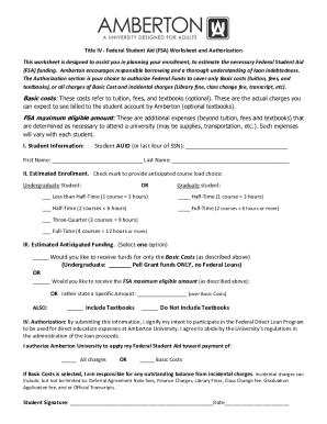 Fillable Online Title IV - Federal Student Aid (FSA) Worksheet and ...