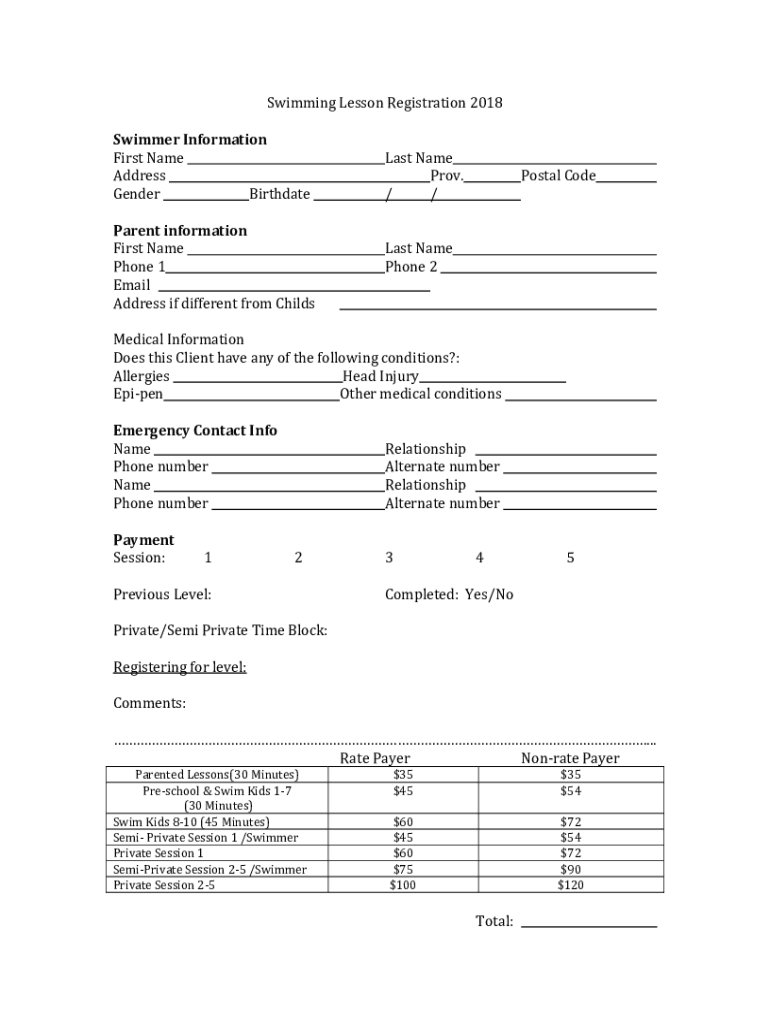 Fillable Online Swimming Lesson Registration Form - Town Of Shellbrook ...