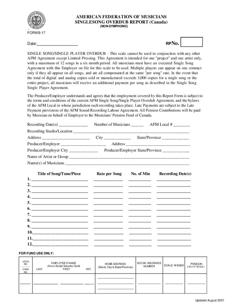 Fillable Online Single Song Overdub B-17 Form - AFM Local 47 Fax Email ...