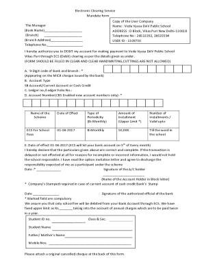 Fillable Online Electronic Clearing Service Mandate form The Manager ...