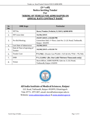 Fillable Online (3rd call) Notice Inviting Tender For HIRING OF VEHICLE ...