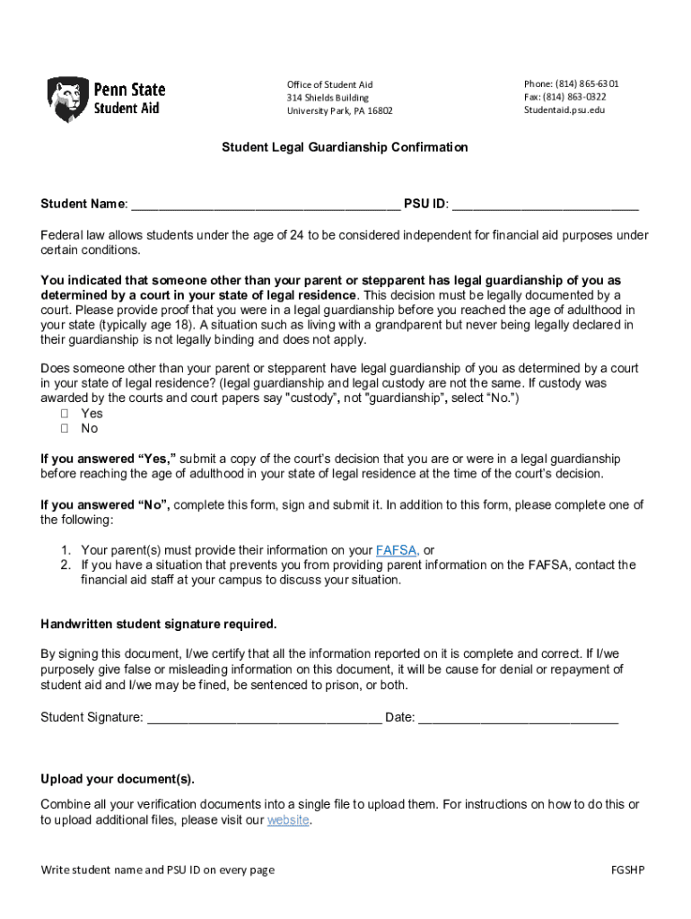 Fillable Online studentaid psu Student Legal Guardianship Confirmation ...
