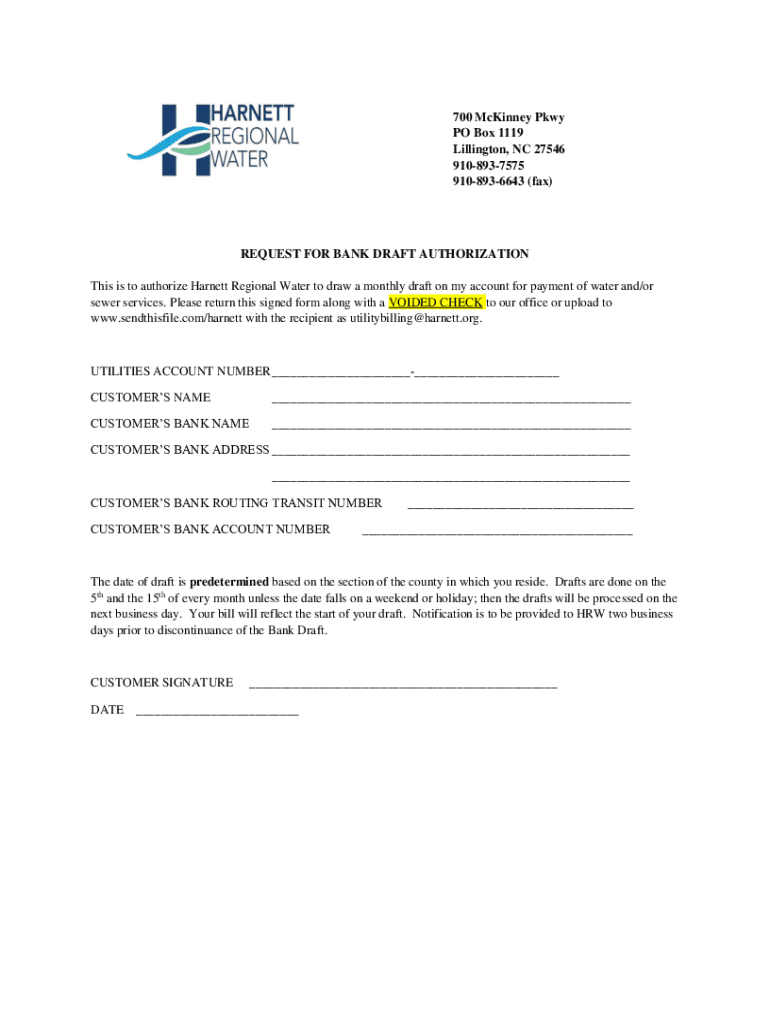 Fillable Online BANK DPAFT AUTHORIZATION - Harnett County Fax Email ...