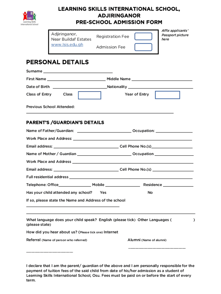 Fillable Online PRE-SCHOOL ADMISSION FORM copy.docx Fax Email Print ...