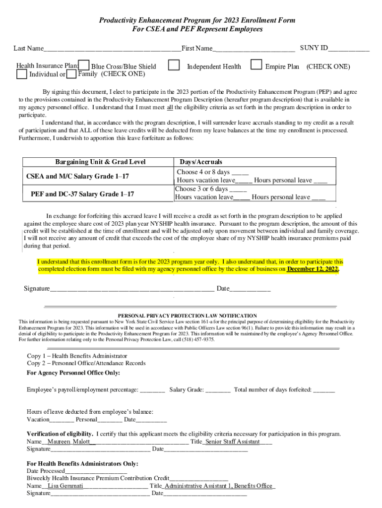 Fillable Online Productivity Enhancement Program for 2023 Enrollment ...